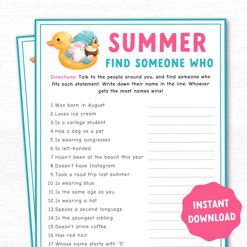 Summer Find Someone Who Printable Game, Family Summer Game Printable ...