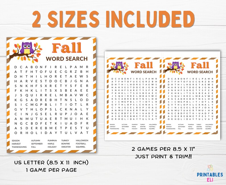 Fall Word Search Printable Game Printable Autumn Party Game - Etsy