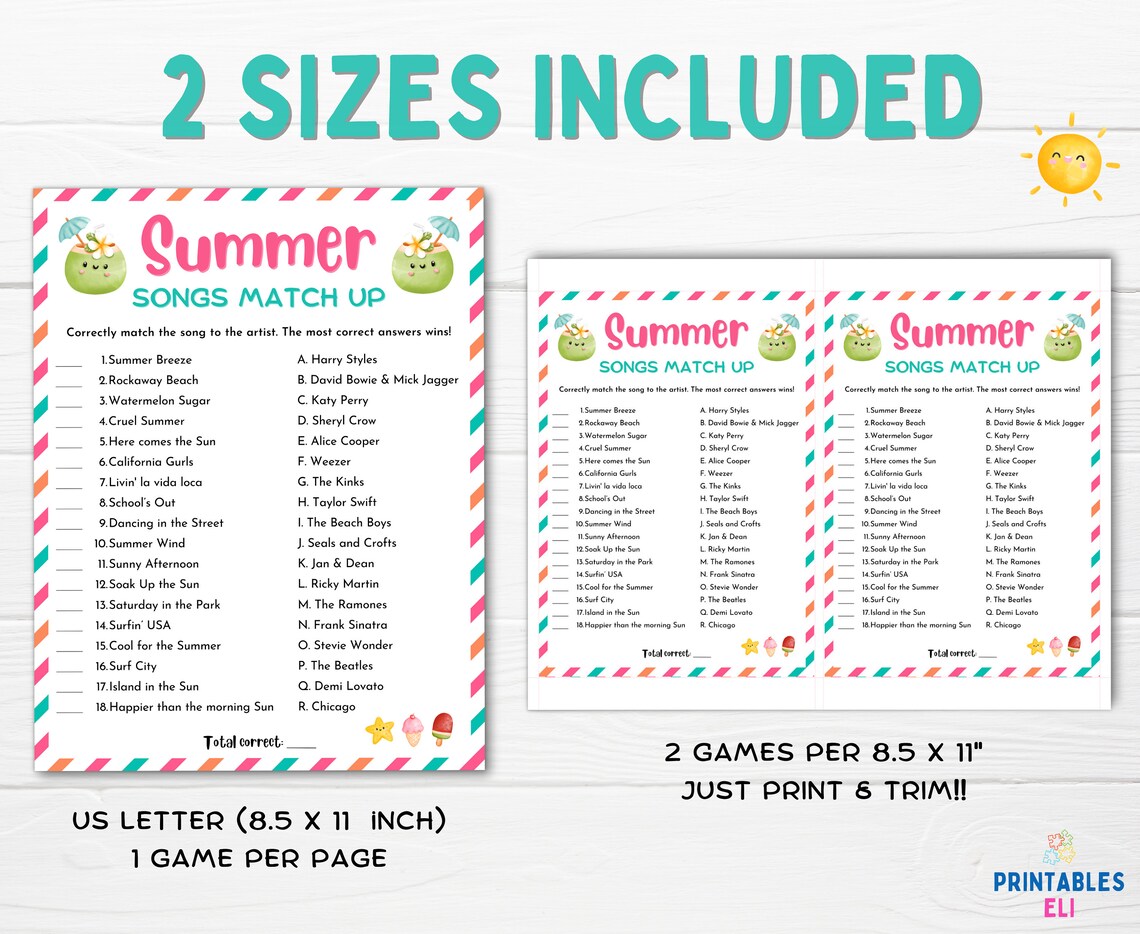 Summer Songs Match up Printable Game Family Summer Game - Etsy