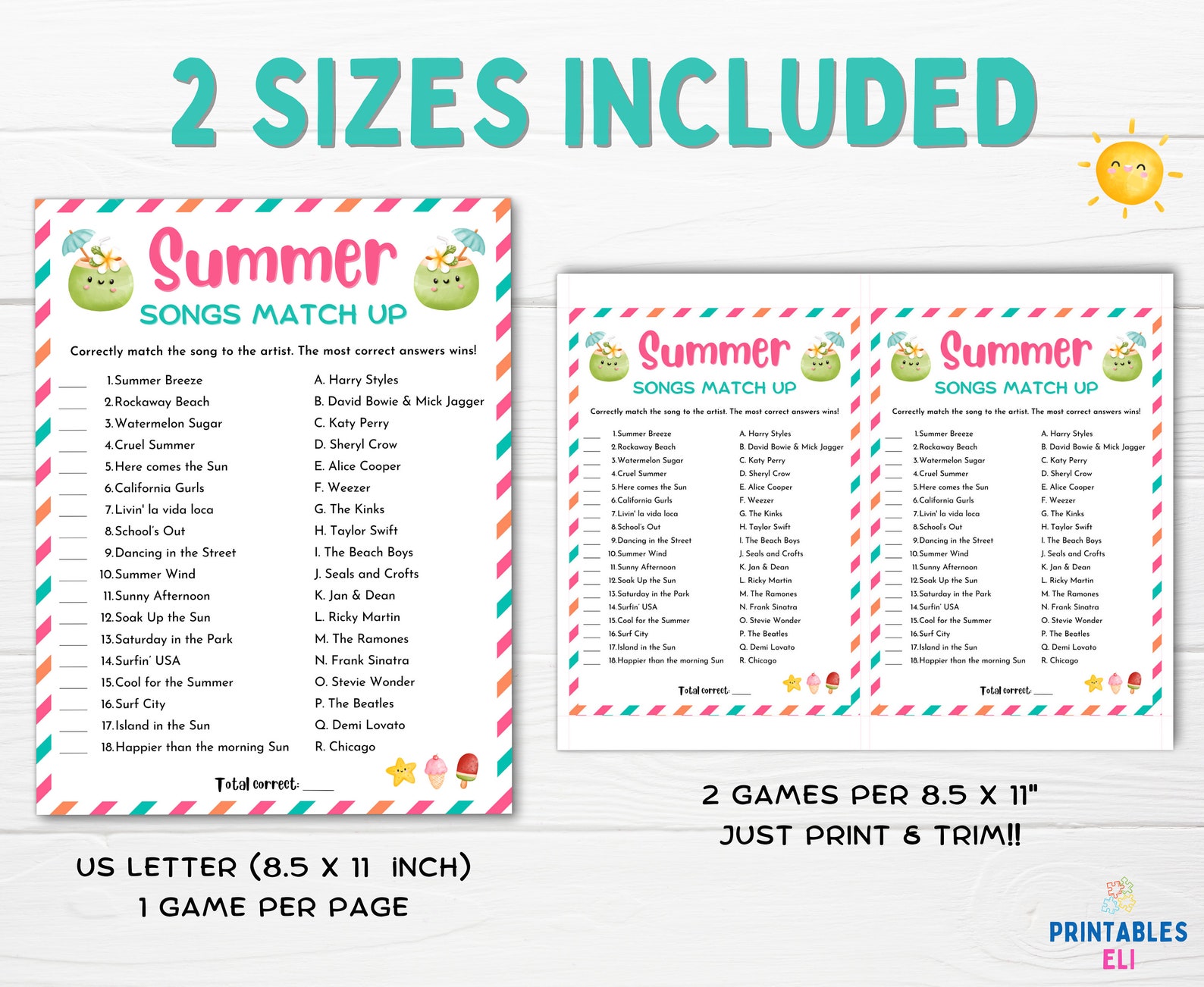 Summer Songs Match up Printable Game Family Summer Game - Etsy