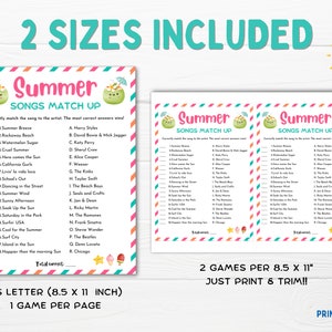 Summer Songs Match up Printable Game Family Summer Game - Etsy