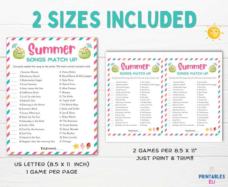 Summer Songs Match up Printable Game Family Summer Game - Etsy