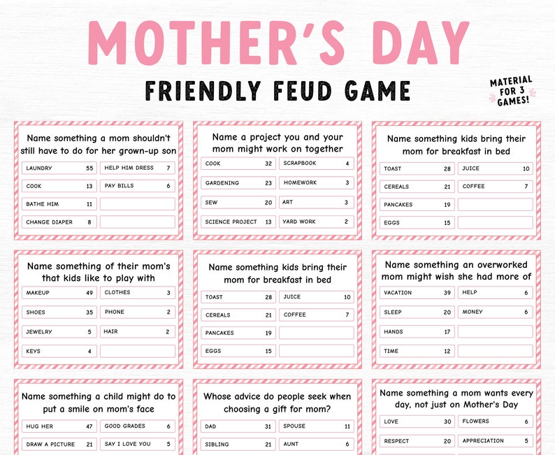 Mother's Day Friendly Feud Game, Trivia Night, Printable Family Feud ...