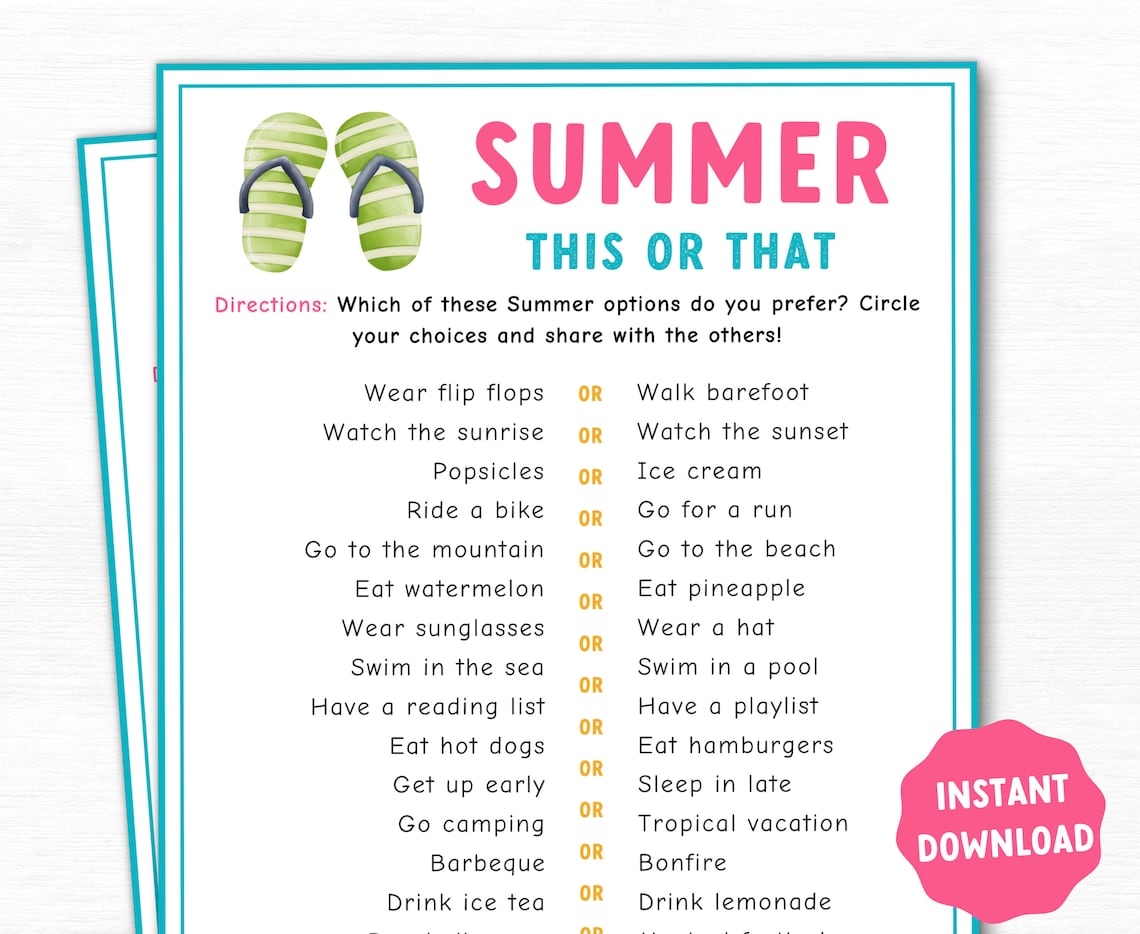 Summer This or That Printable Game, Printable Summer Party Game, Summer ...