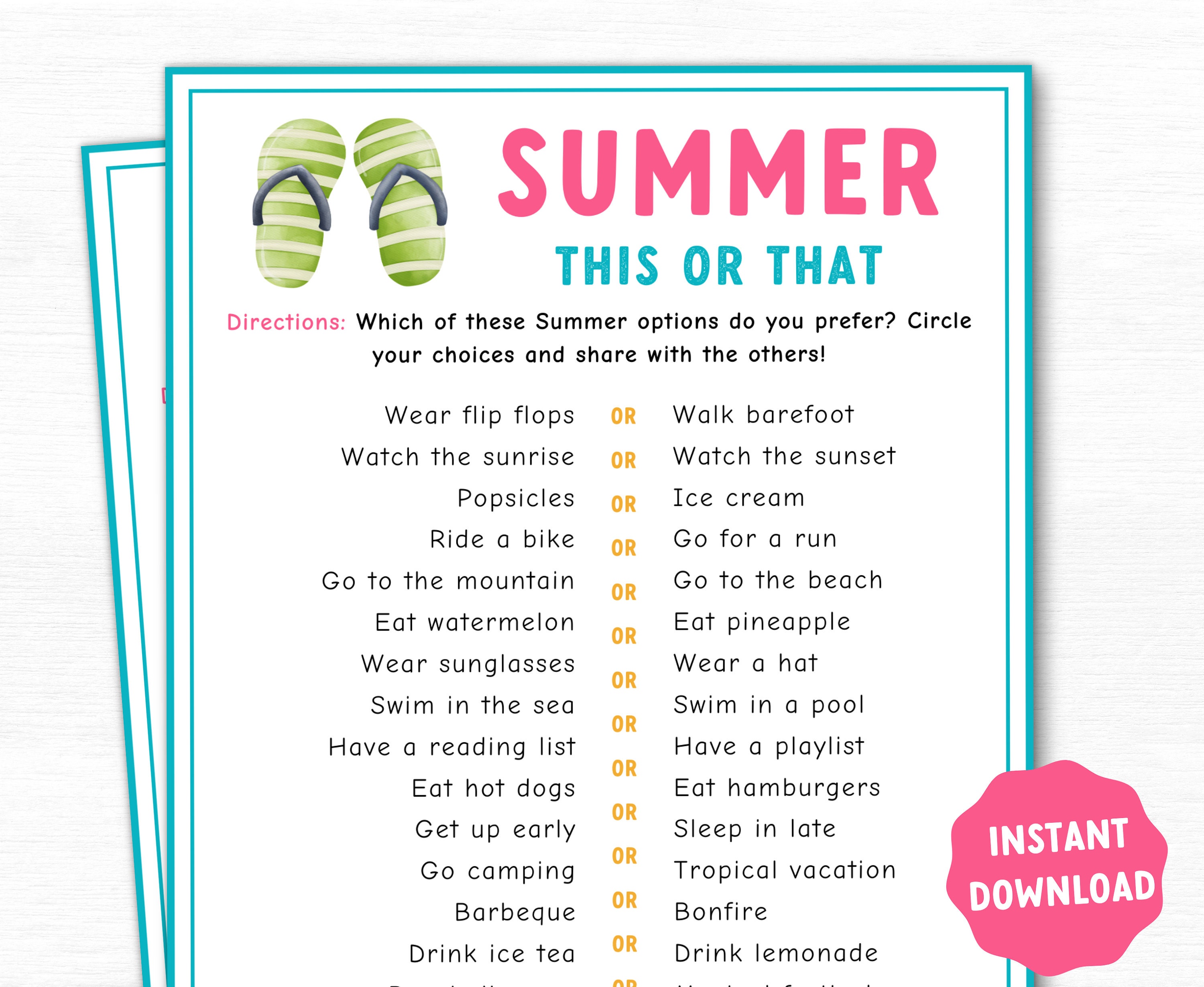 Summer This or That Printable Game, Printable Summer Party Game, Summer ...