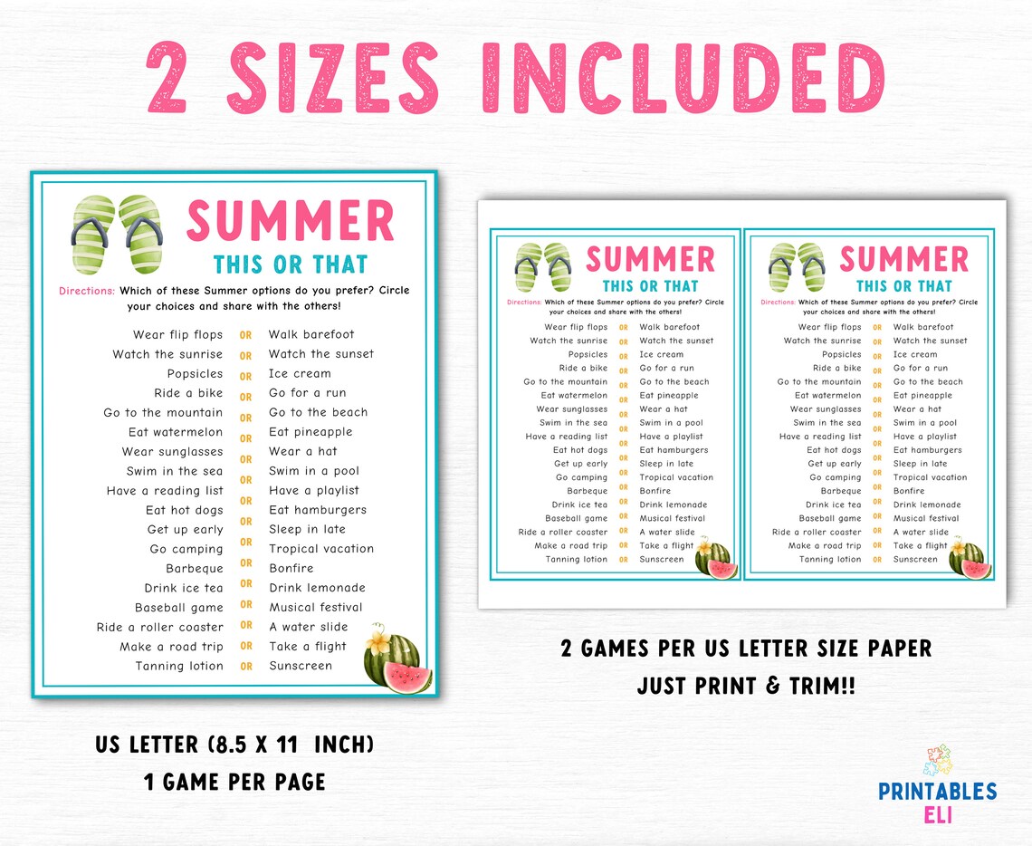 Summer This or That Printable Game, Printable Summer Party Game, Summer ...