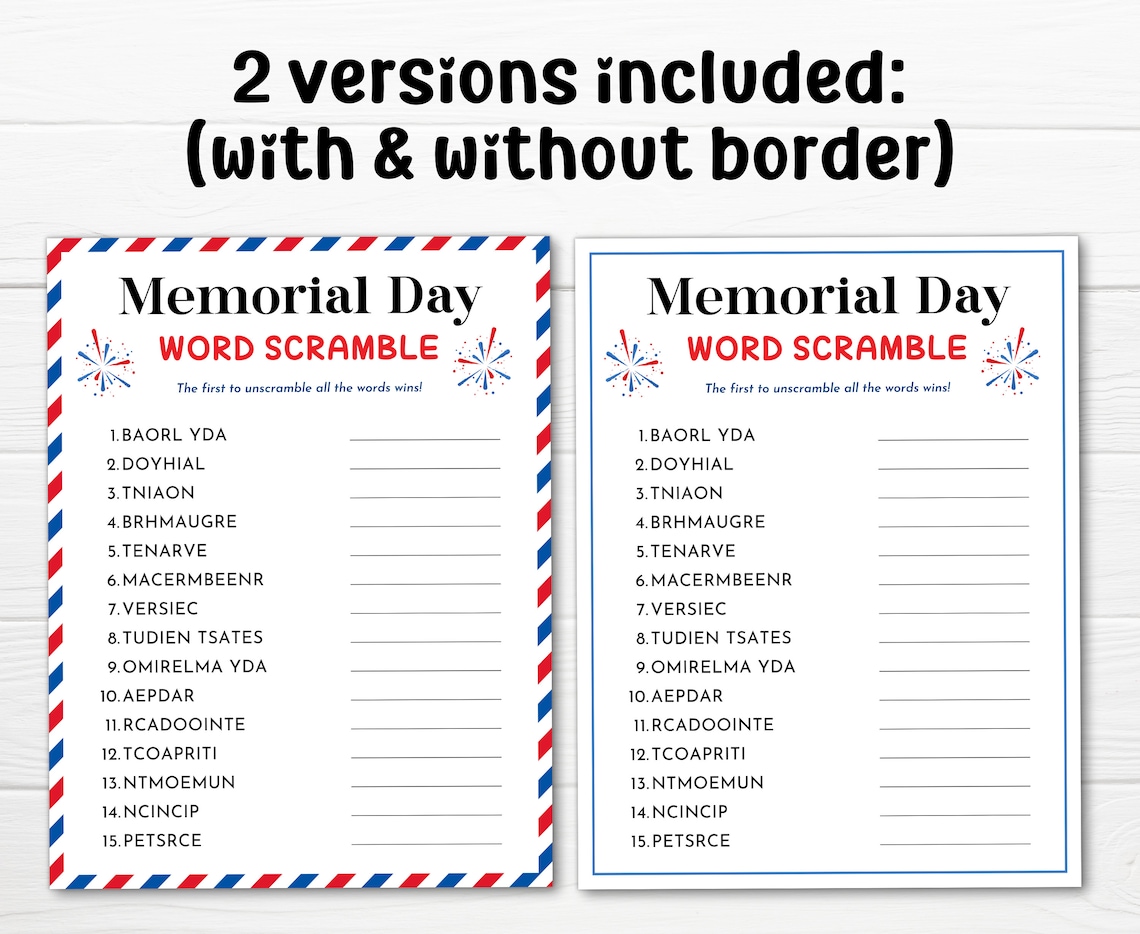 Printable Memorial Day Word Scramble Game Memorial Day Game - Etsy