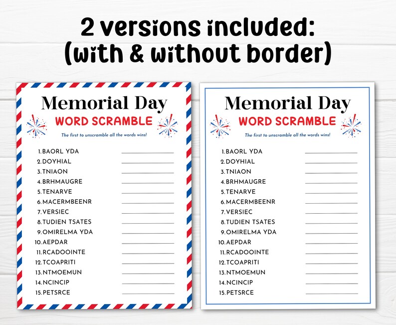 Printable Memorial Day Word Scramble Game Memorial Day Game - Etsy