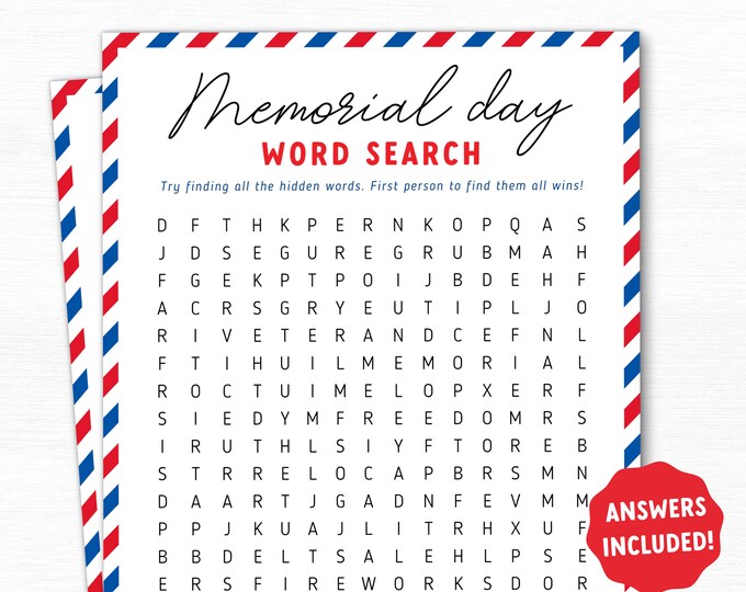 Printable Memorial Day Word Search Game, Memorial Day Games for Kids ...