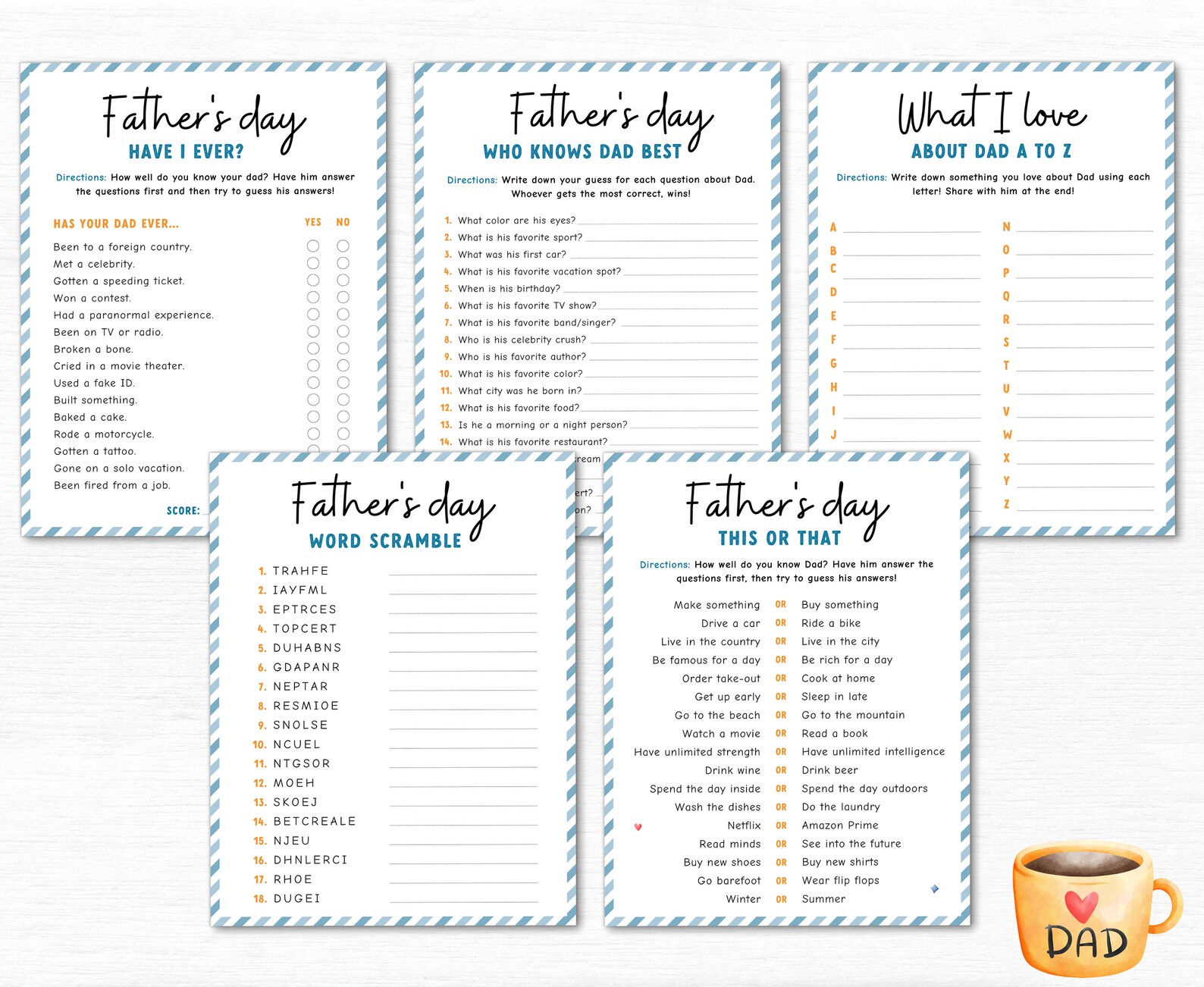 15 Printable Fathers Day Game Bundle, Fathers Day Games for Kids and ...