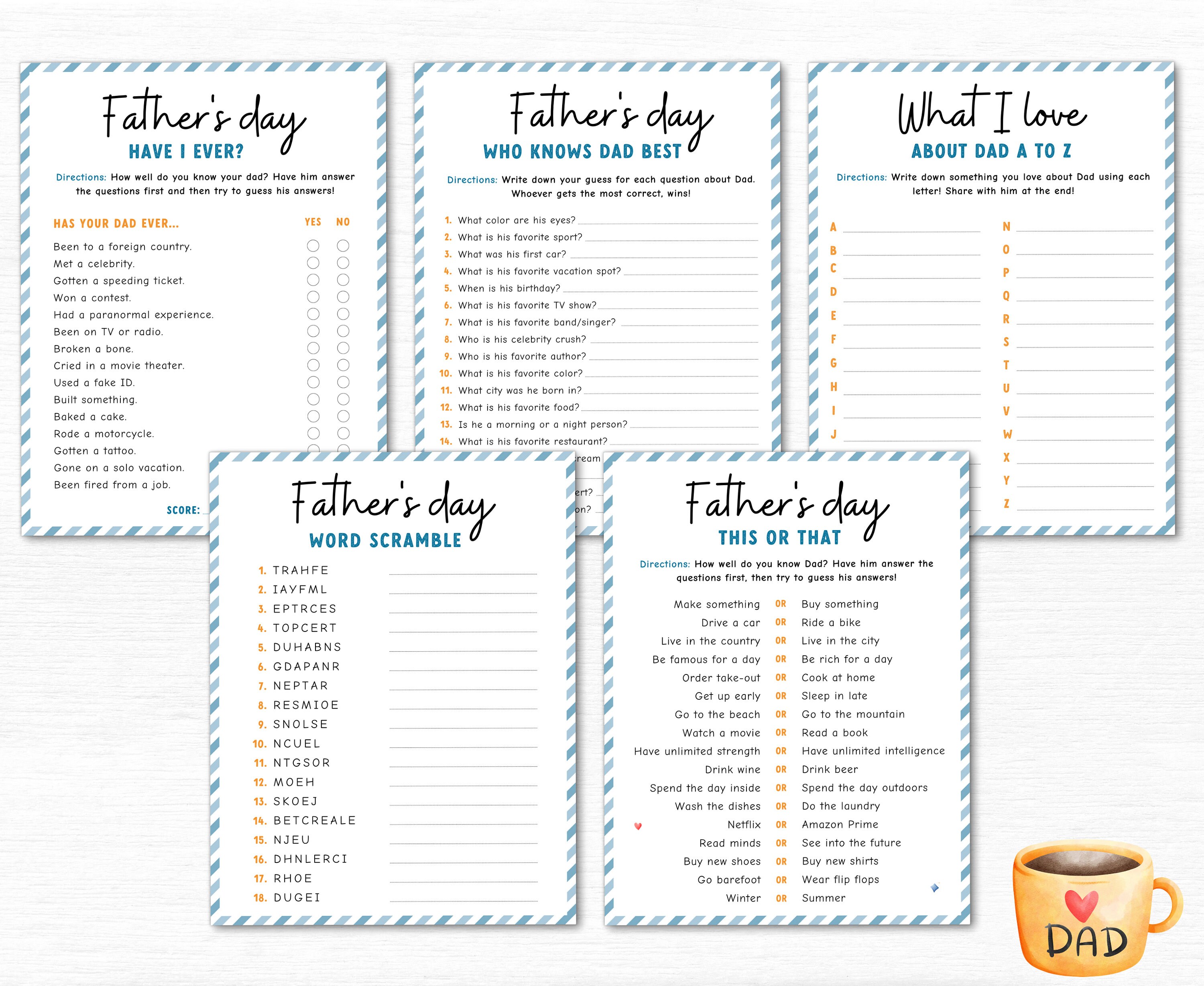 15 Printable Fathers Day Game Bundle, Fathers Day Games for Kids and ...