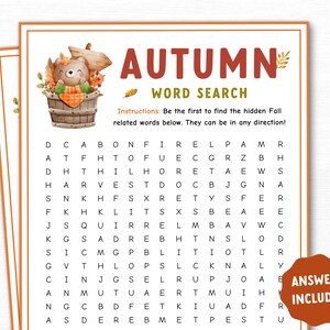 Fall Word Search Printable Game, Printable Autumn Party Game, Fall ...