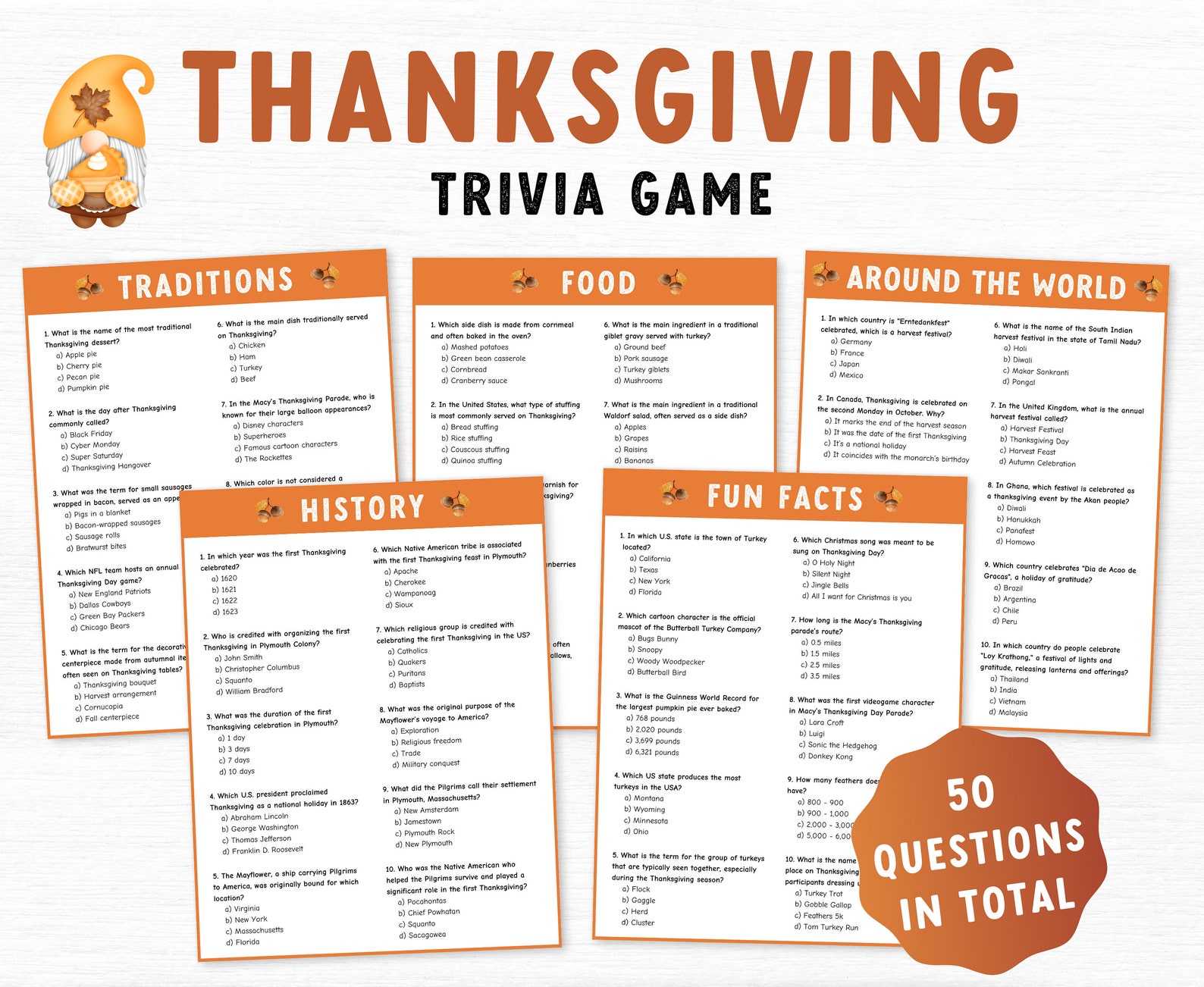 Thanksgiving Trivia Game Printable, Fall Family Game, Trivia Night ...