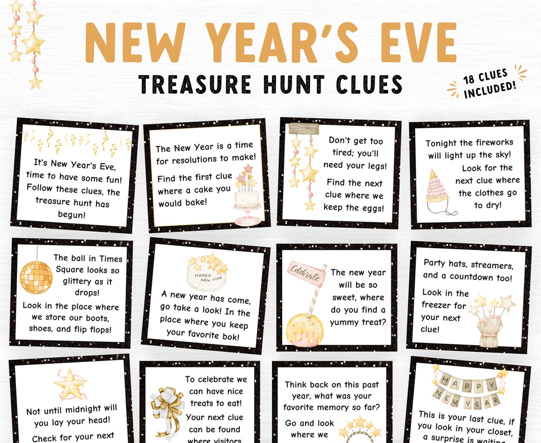 New Years Eve Treasure Hunt Clues for Kids, Holiday Treasure Hunt, Game ...