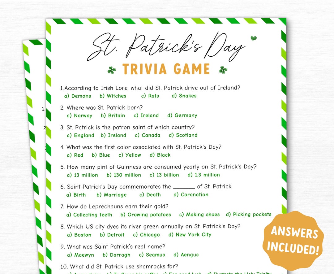 St. Patricks Day Trivia Game Printable St. Patrick's Day - Etsy