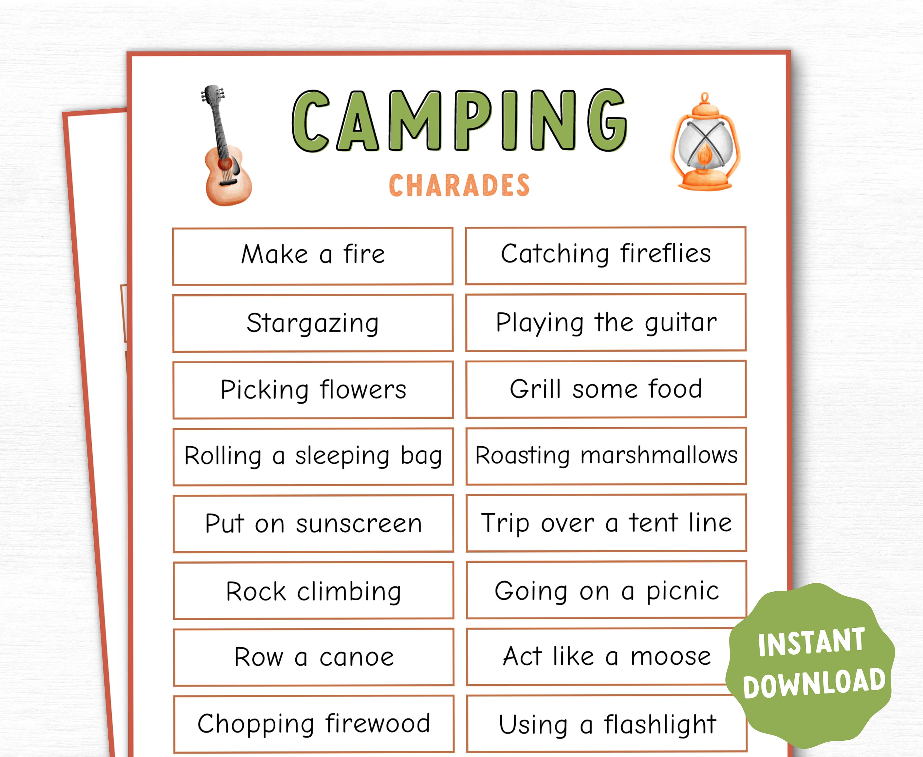 Camping Charades Printable Game, Camping Pictionary, Draw It Printable ...