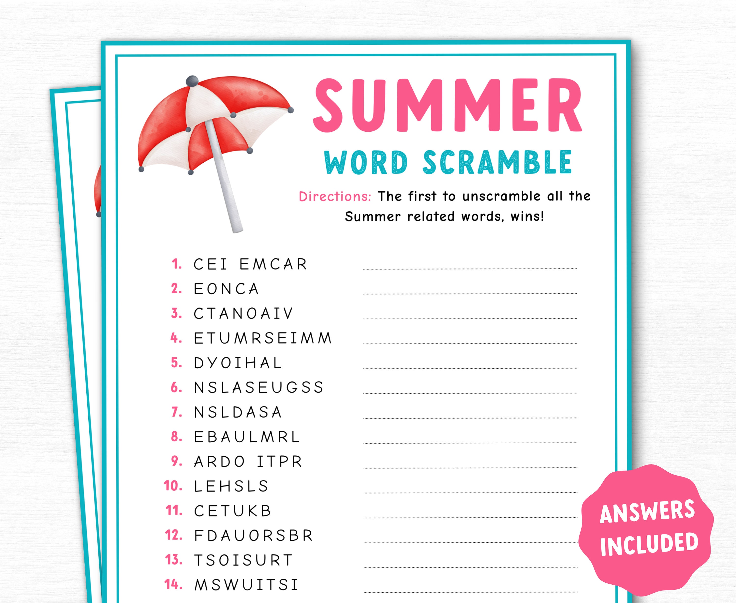 Summer Word Scramble Printable Game, Summertime Game, Printable Family ...