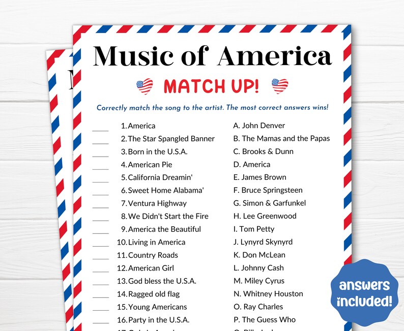 Music of America Match up Game Printable Memorial Day Game - Etsy