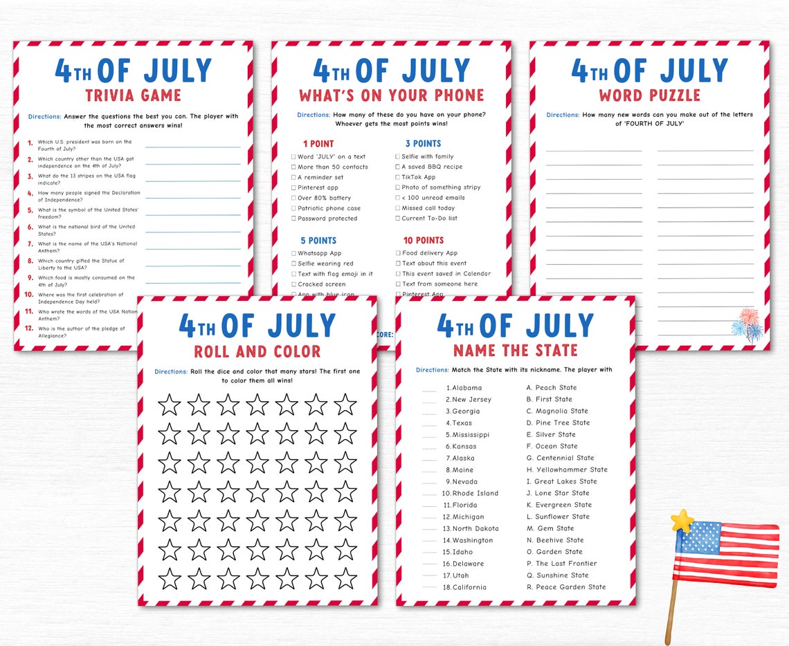 15 Fourth of July Printable Games Bundle, 4th of July Printable Games ...