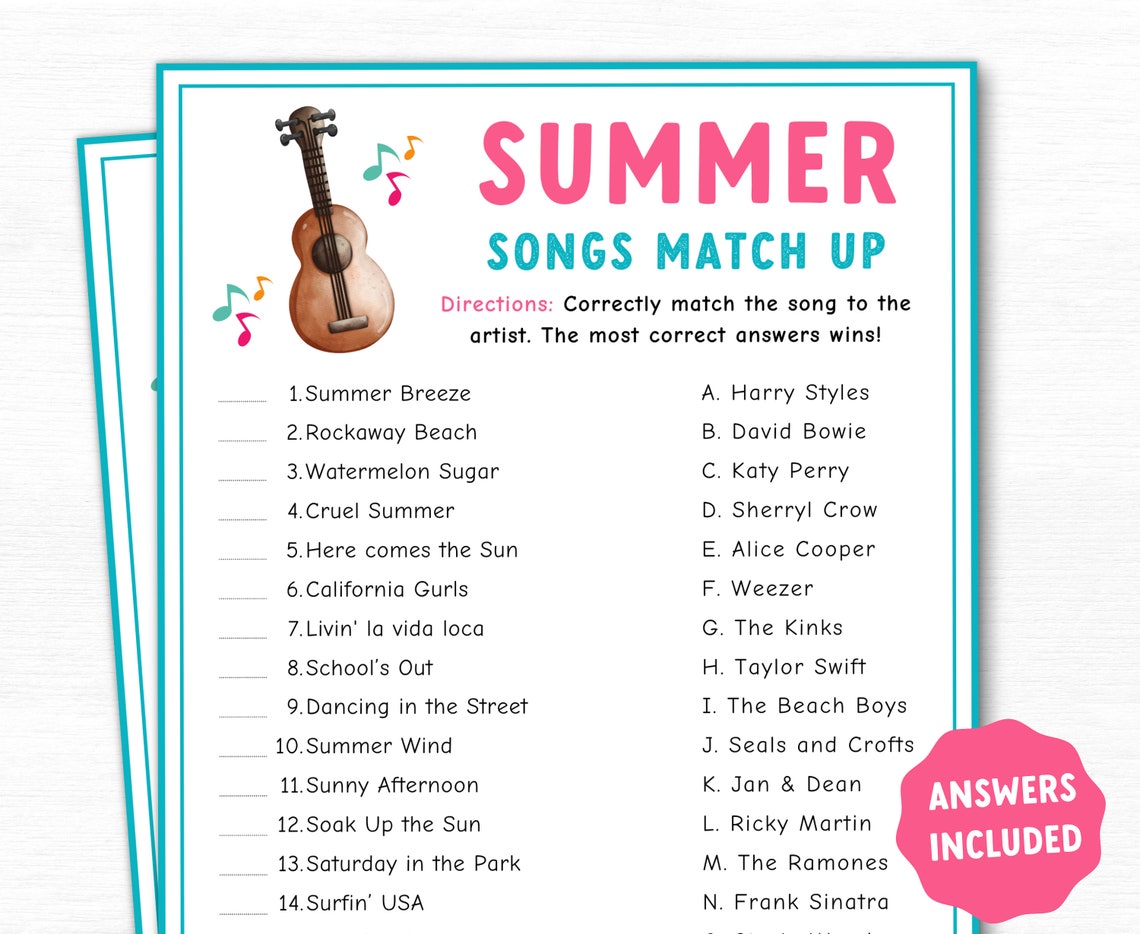 Summer Songs Match up Printable Game, Family Summer Game Printable ...