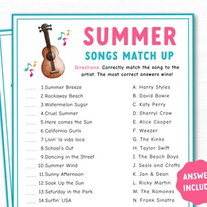 Summer Songs Match up Printable Game, Family Summer Game Printable ...