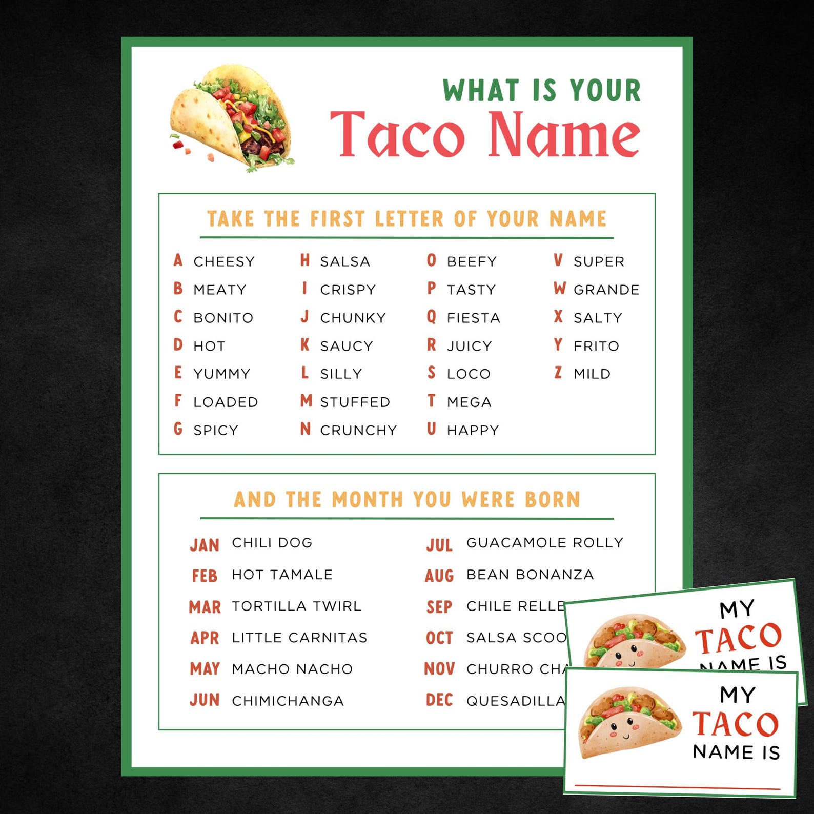 Whats Your Taco Name Printable Party Game, Cinco De Mayo Family Game ...