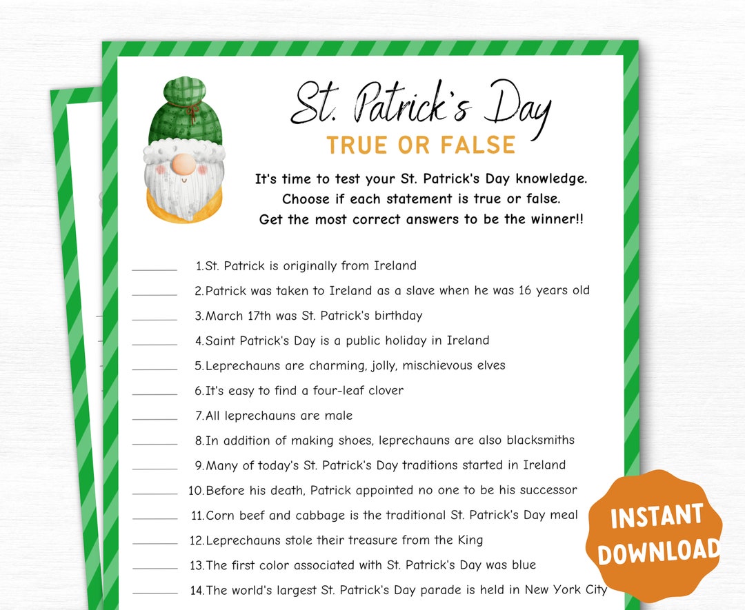 St. Patrick's Day True or False Game, Printable St. Patrick's Day ...