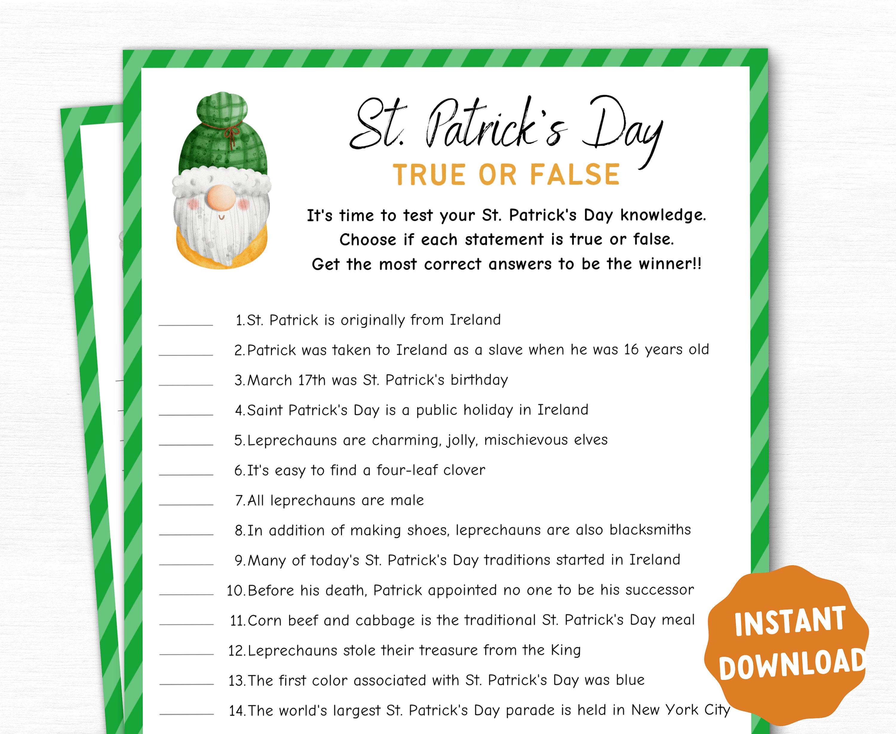 St. Patrick's Day True or False Game, Printable St. Patrick's Day ...