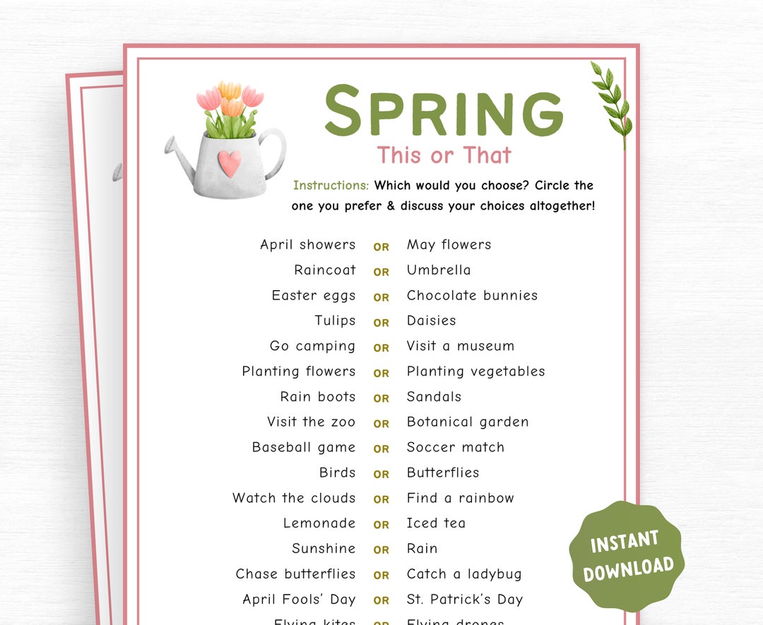 Spring This or That Printable Game, Printable Spring Party Game, Spring ...