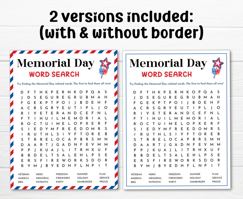 Printable Memorial Day Word Search Game Memorial Day Games | Etsy
