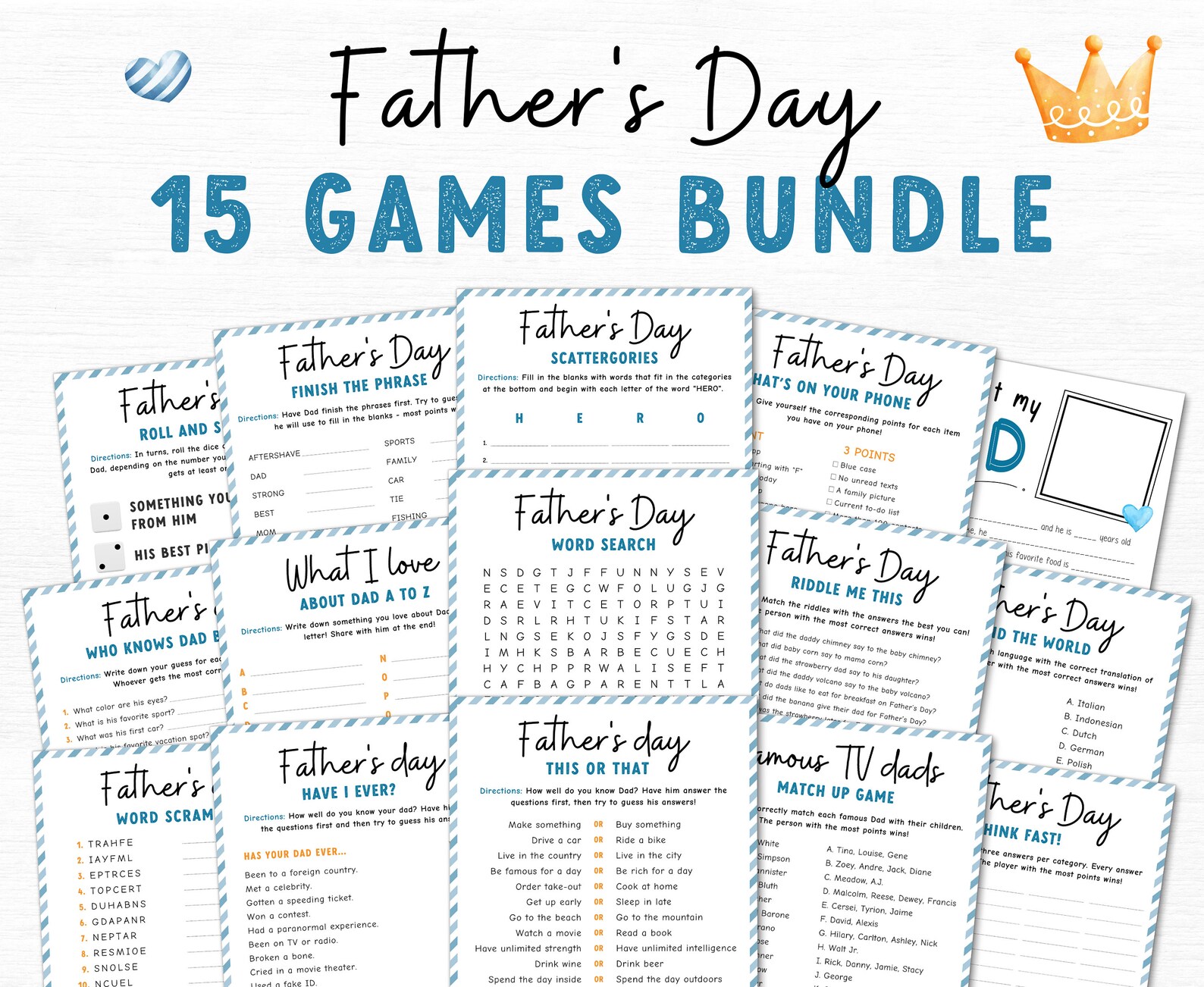 15 Printable Fathers Day Game Bundle, Fathers Day Games for Kids and ...
