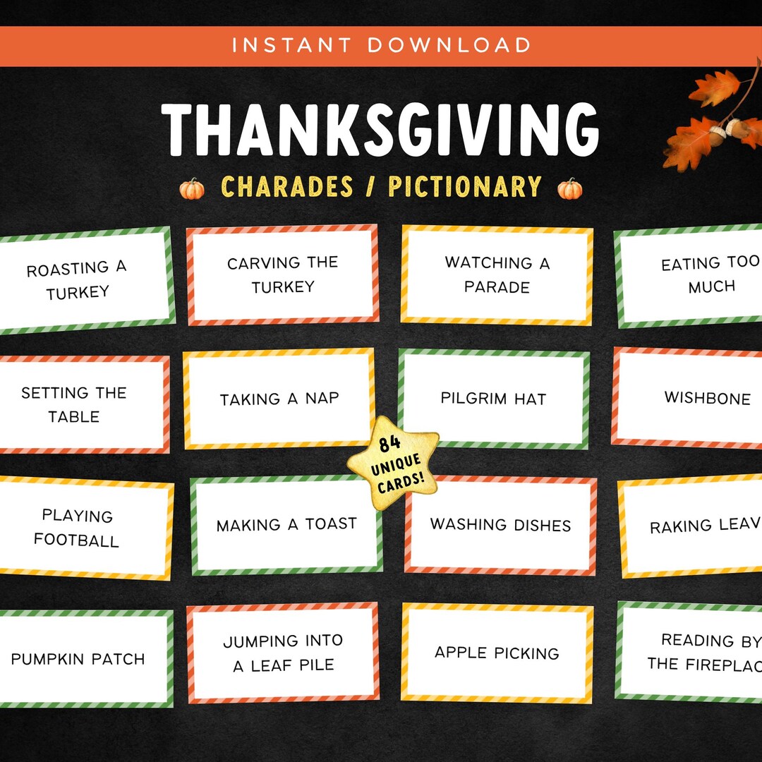 Thanksgiving Charades Printable Game, Charades Cards, Thanksgiving ...