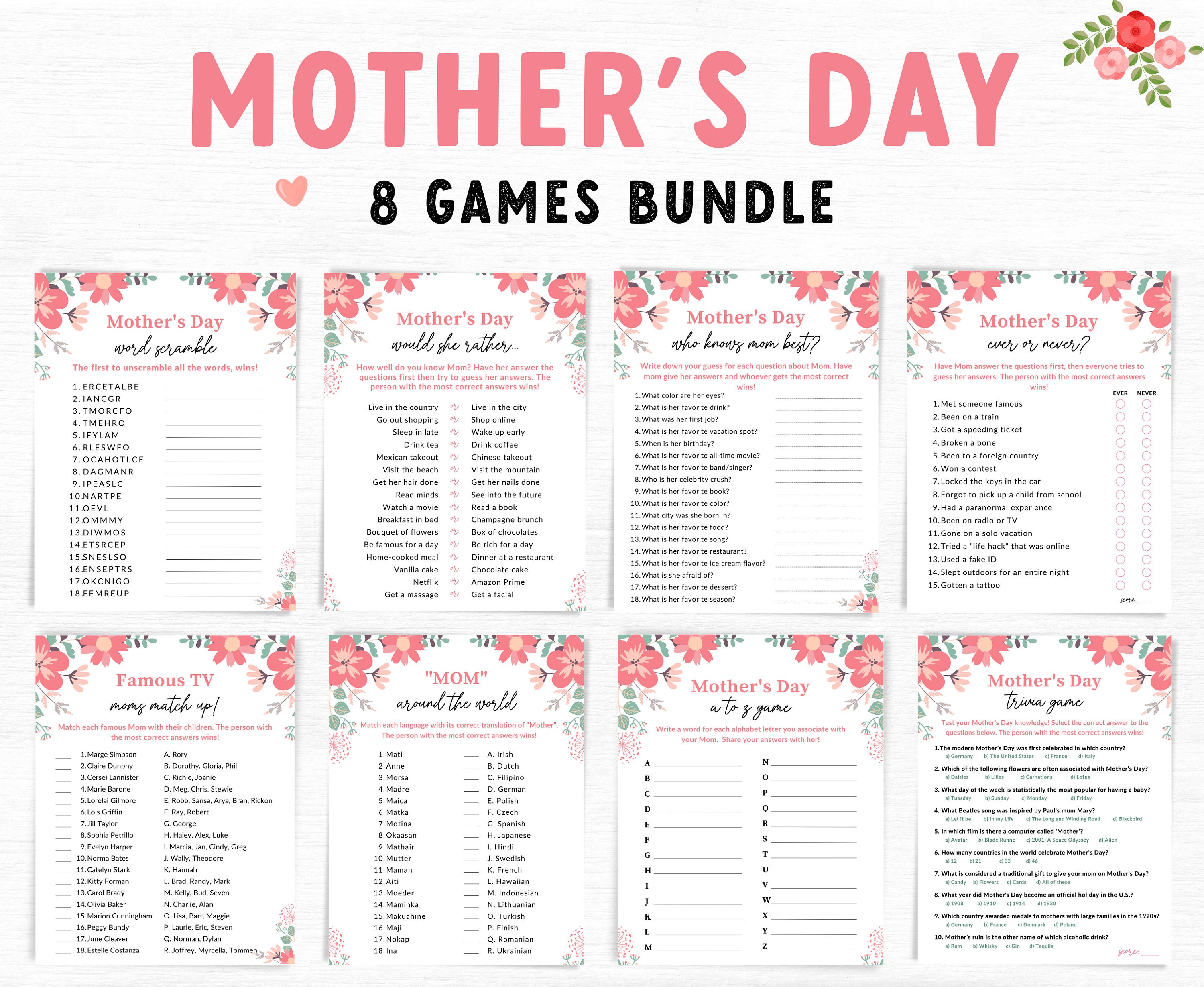 Printable Mother's Day Game Bundle, Printable Mothers Day Game for Kids ...