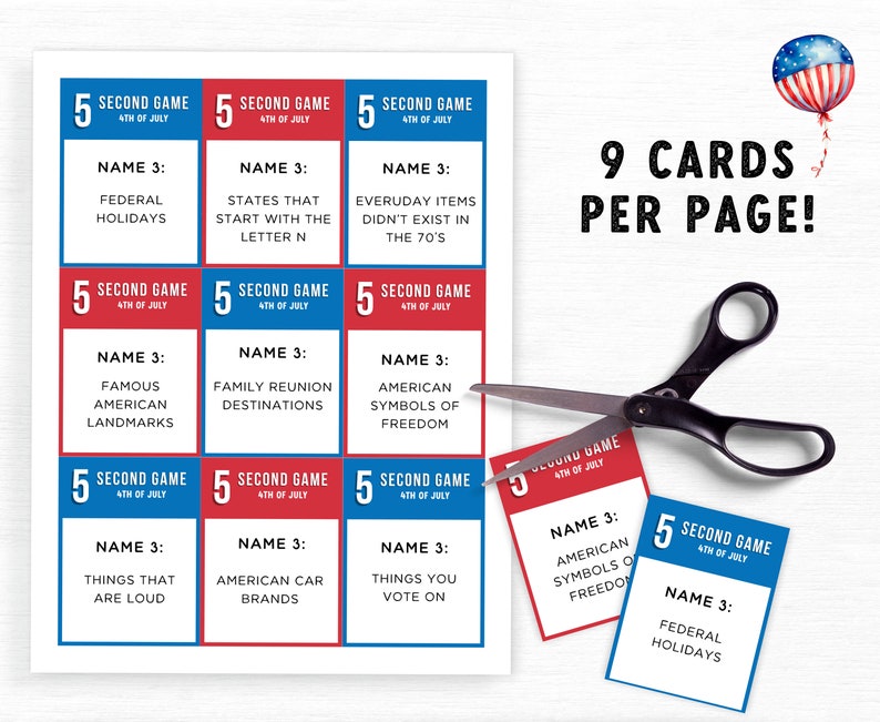 4th of July 5 Second Game Printable, Party Game, Printable Patriotic ...