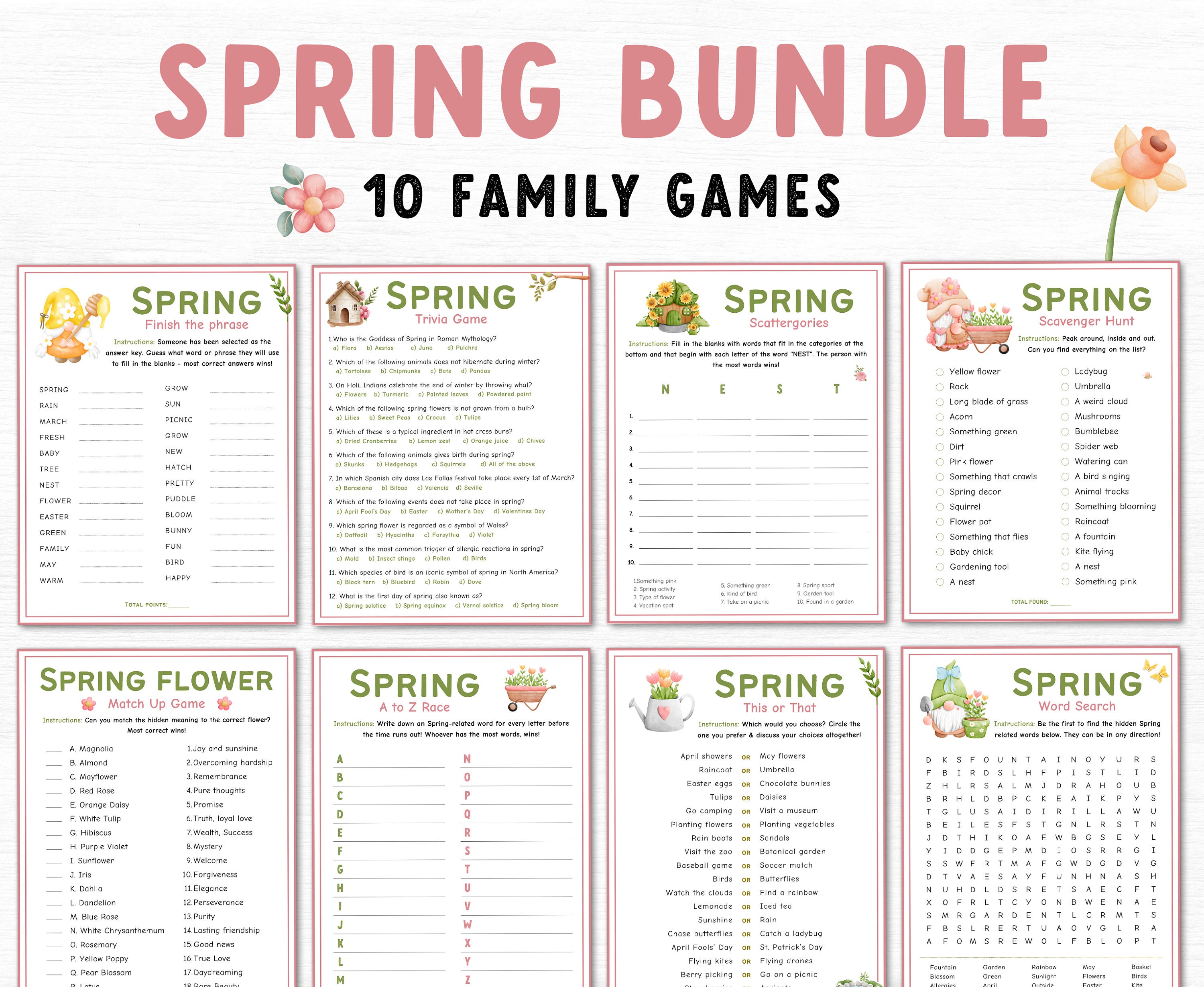 Spring Games Bundle, Printable Spring Game for Kids and Adults, Spring ...