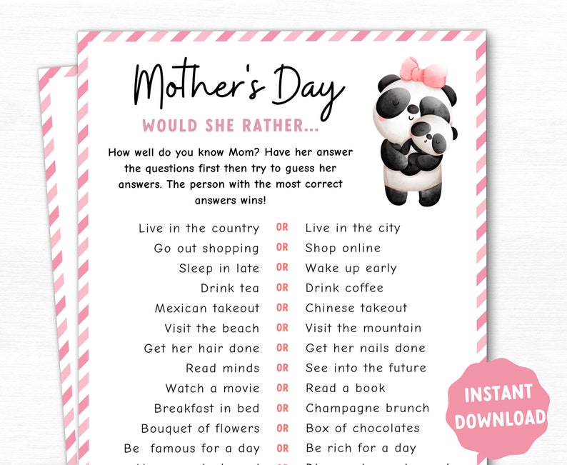 Mother's Day Would She Rather Game, Printable Mother's Day Game ...