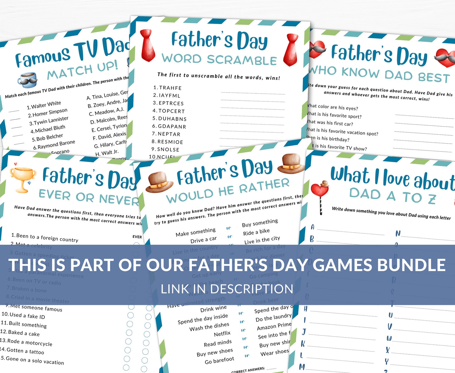 Famous TV Dads Match up Game Printable Father's Day - Etsy