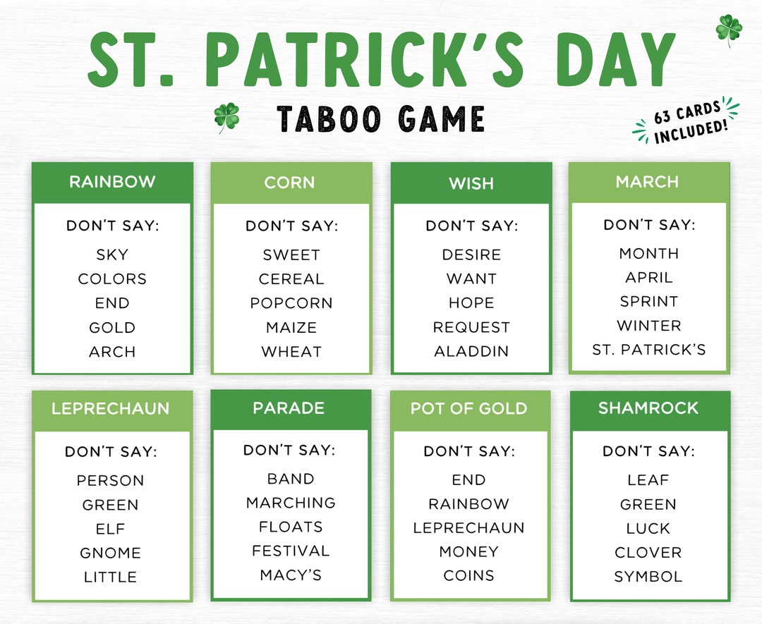 St. Patricks Day Day Taboo Game, Party Game, Printable Family Game, St ...