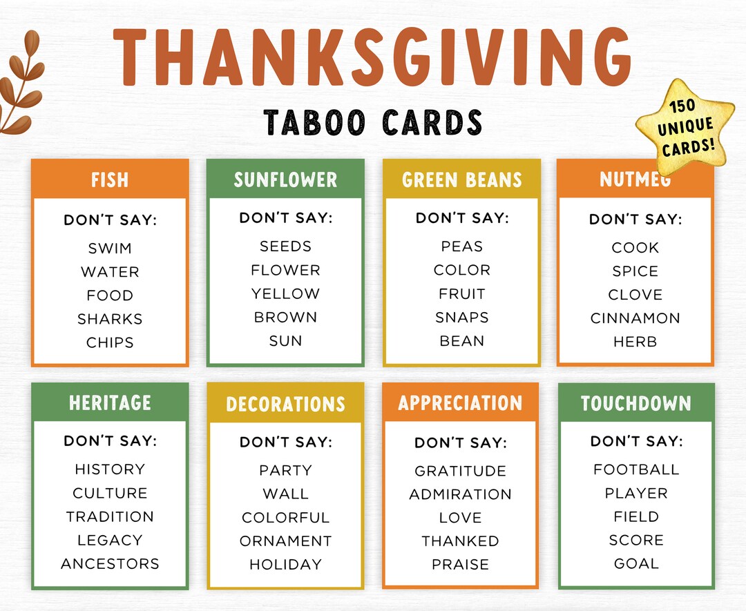 Thanksgiving Taboo Game Cards, Party Game, Printable Thanksgiving ...