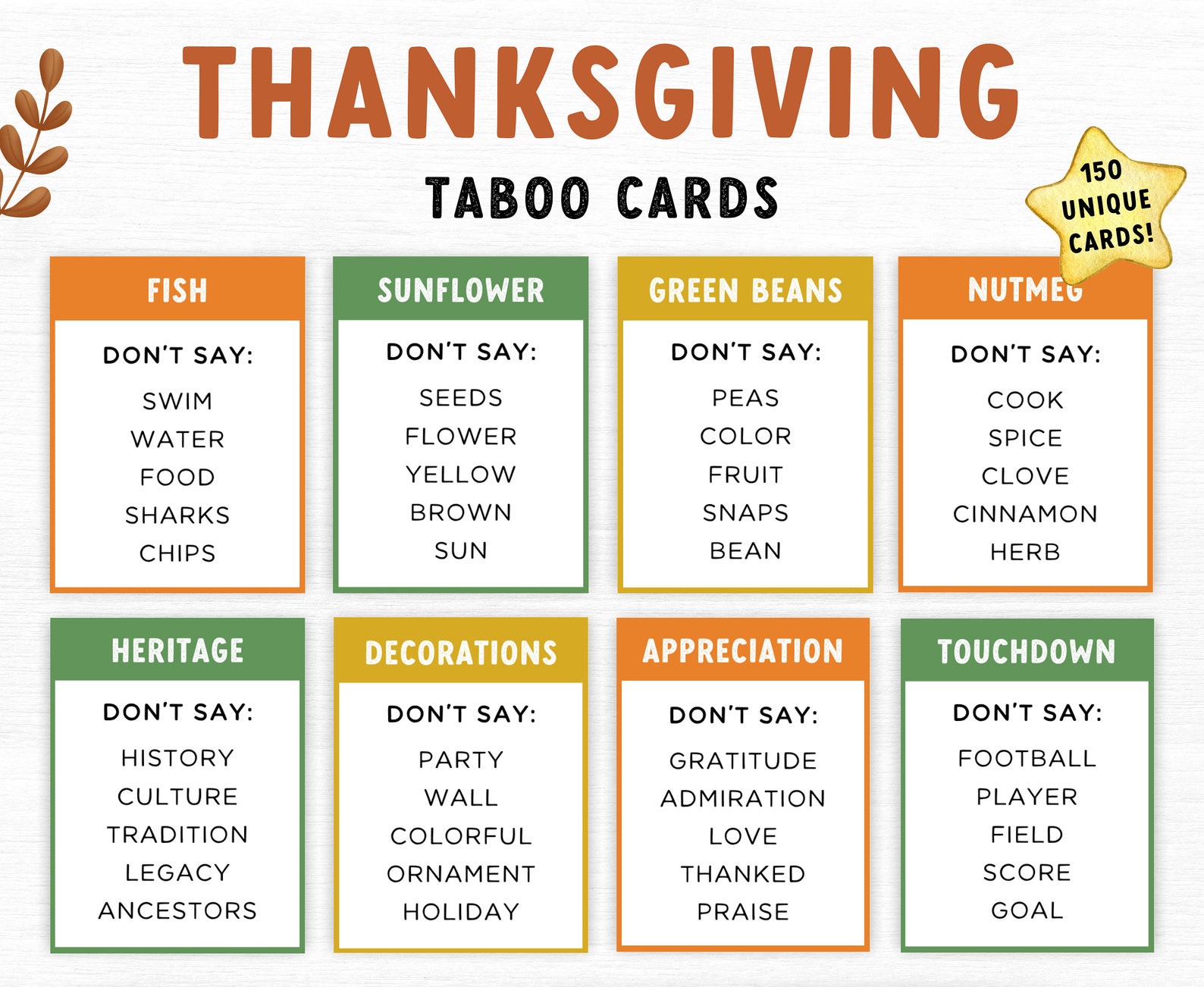 Thanksgiving Taboo Game Cards, Party Game, Printable Thanksgiving ...