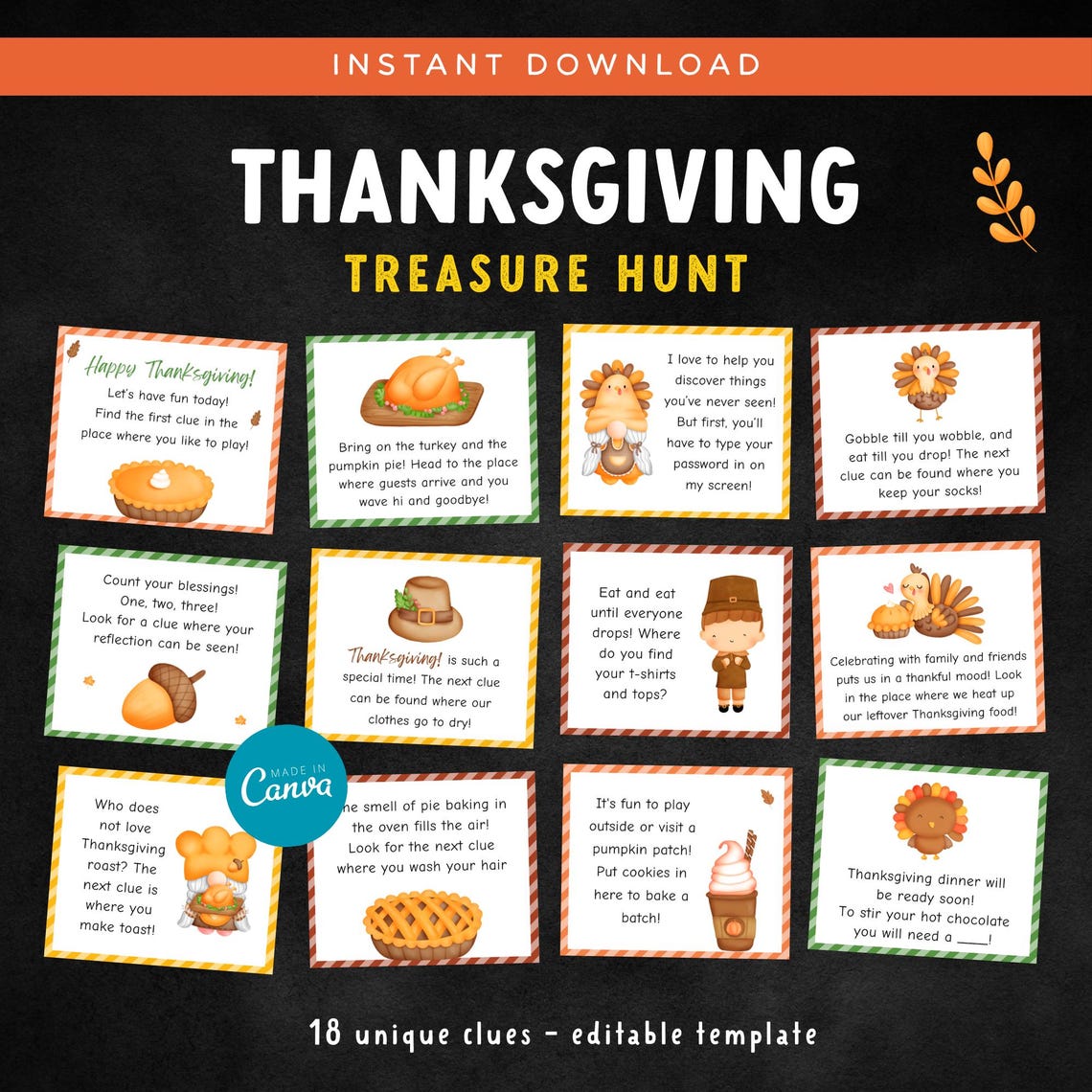 Editable Thanksgiving Treasure Hunt for Kids, Treasure Hunt Clues ...