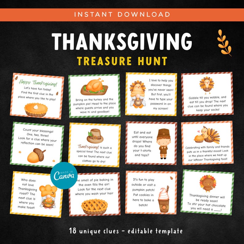 Editable Thanksgiving Treasure Hunt for Kids, Treasure Hunt Clues ...