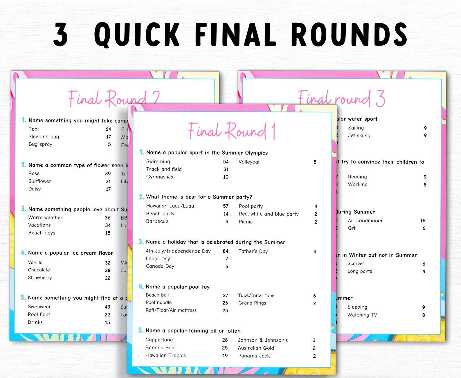 Summer Friendly Feud Game, Trivia Night, Printable Family Feud Quiz ...