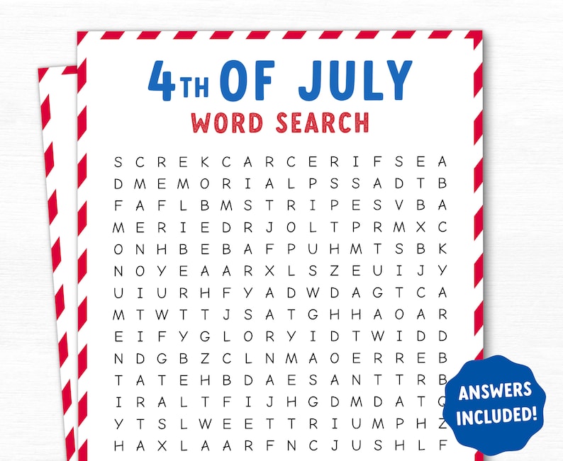 Fourth of July Word Search Printable Game, 4th of July Game, Printable ...