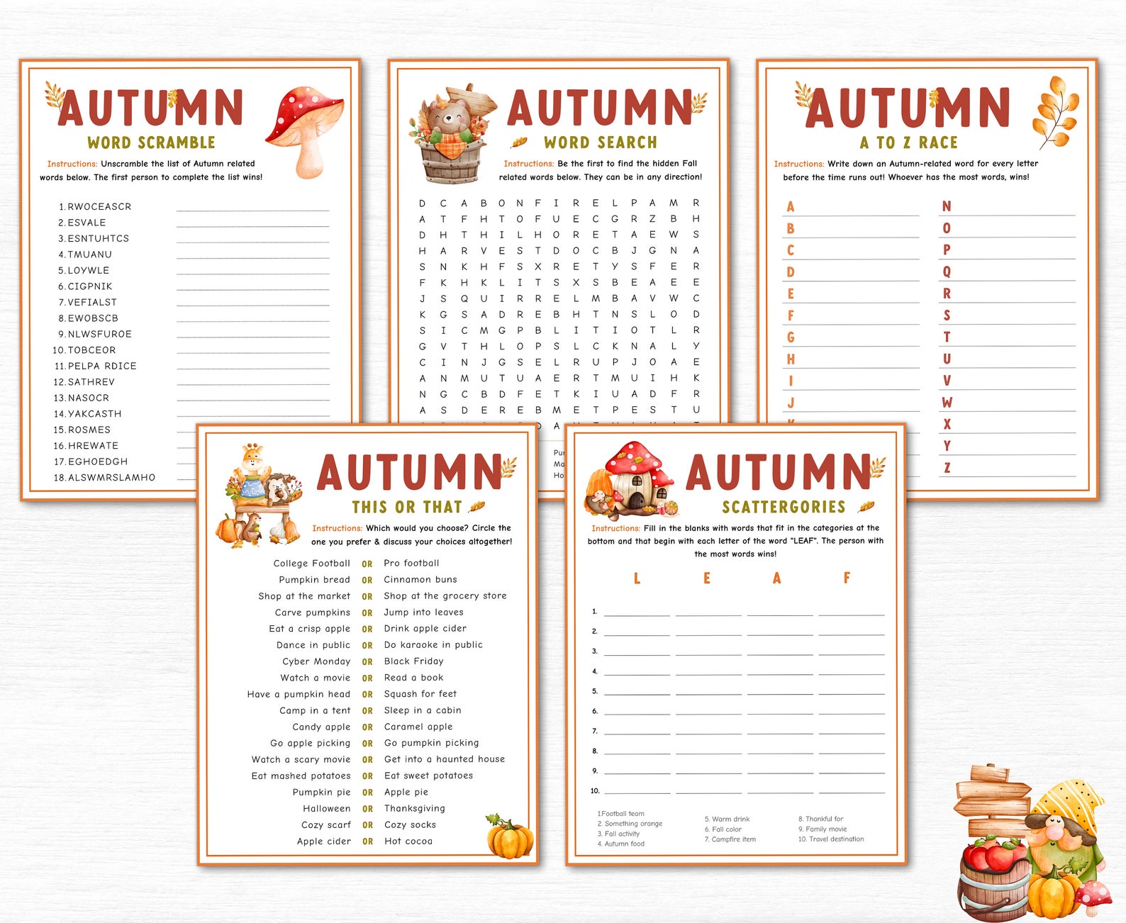 Autumn Games Bundle, Printable Fall Game for Kids and Adults, Autumn ...