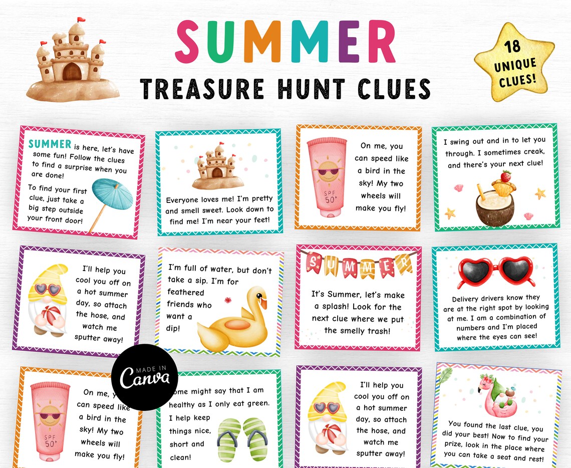 Editable Summer Scavenger Hunt for Kids, Outdoor Treasure Hunt Clues ...