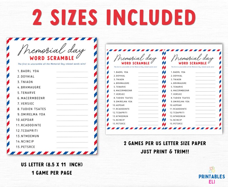 Printable Memorial Day Word Scramble Game, Memorial Day Game for Kids ...