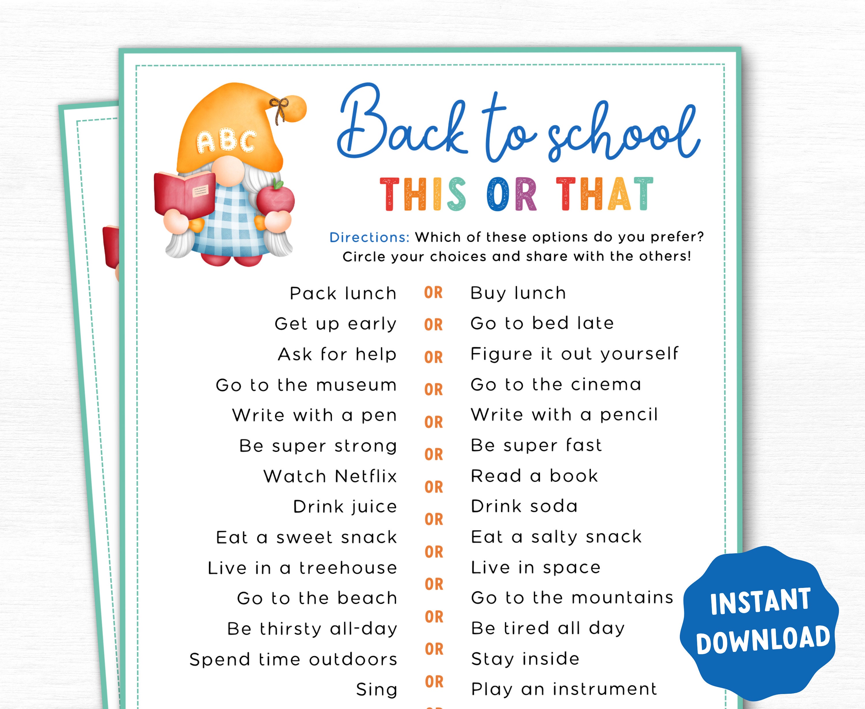 Back to School This or That Printable Game, Printable Back to School ...