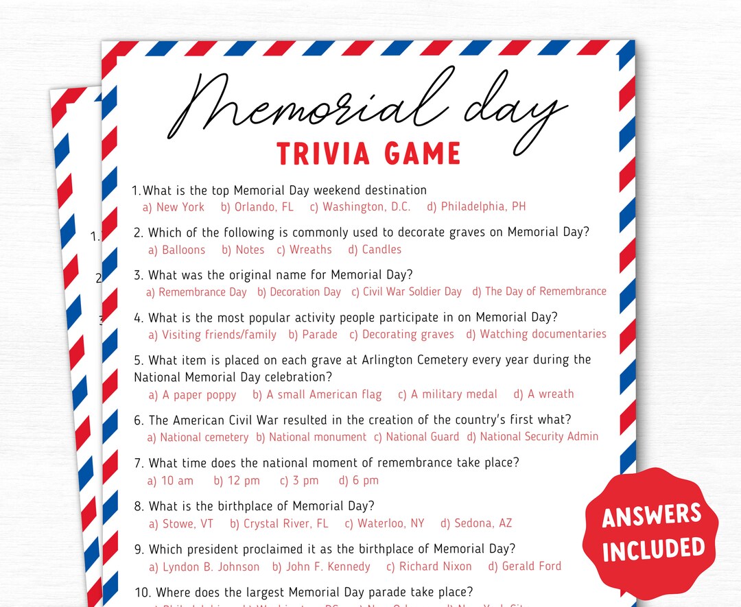 Memorial Day Trivia Game Adults, Patriotic Quiz for Adults, Family Game ...