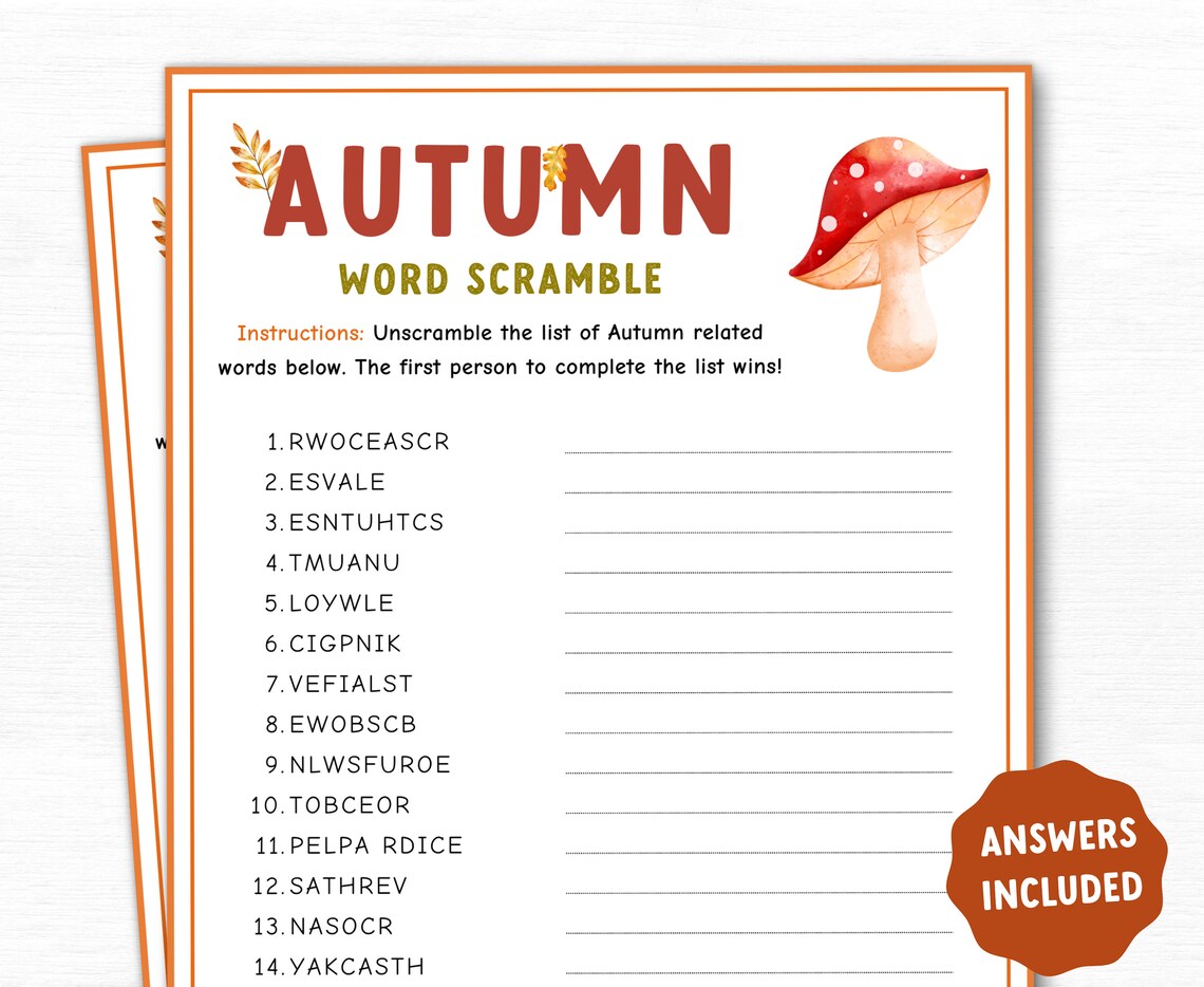 Autumn Word Scramble Printable Game, Fall Game, Printable Family Party ...